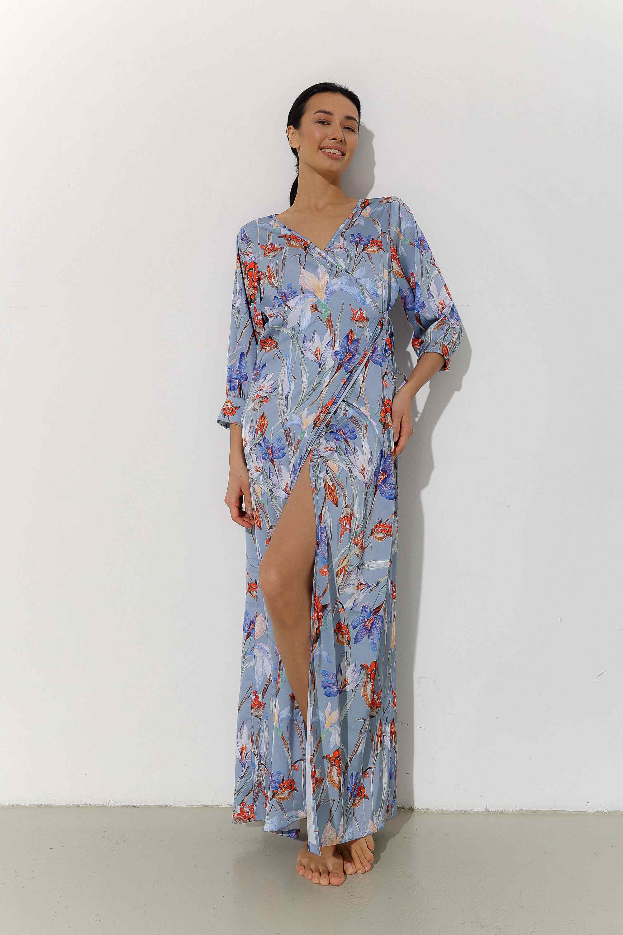 Elegant Gray Satin Wrap Robe | Sokayri