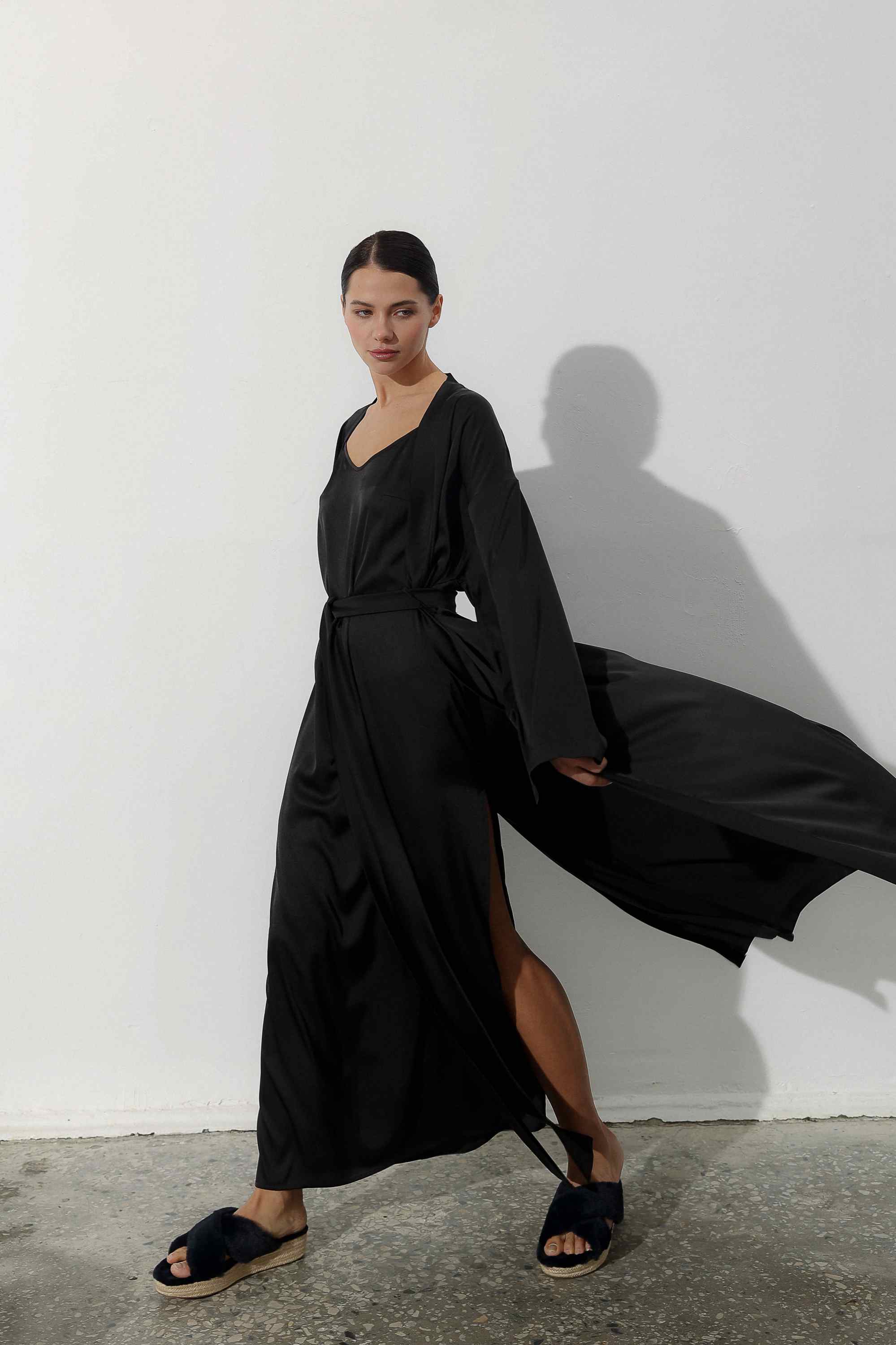 Luxurious Black Satin Kimono Robe | Sokayri
