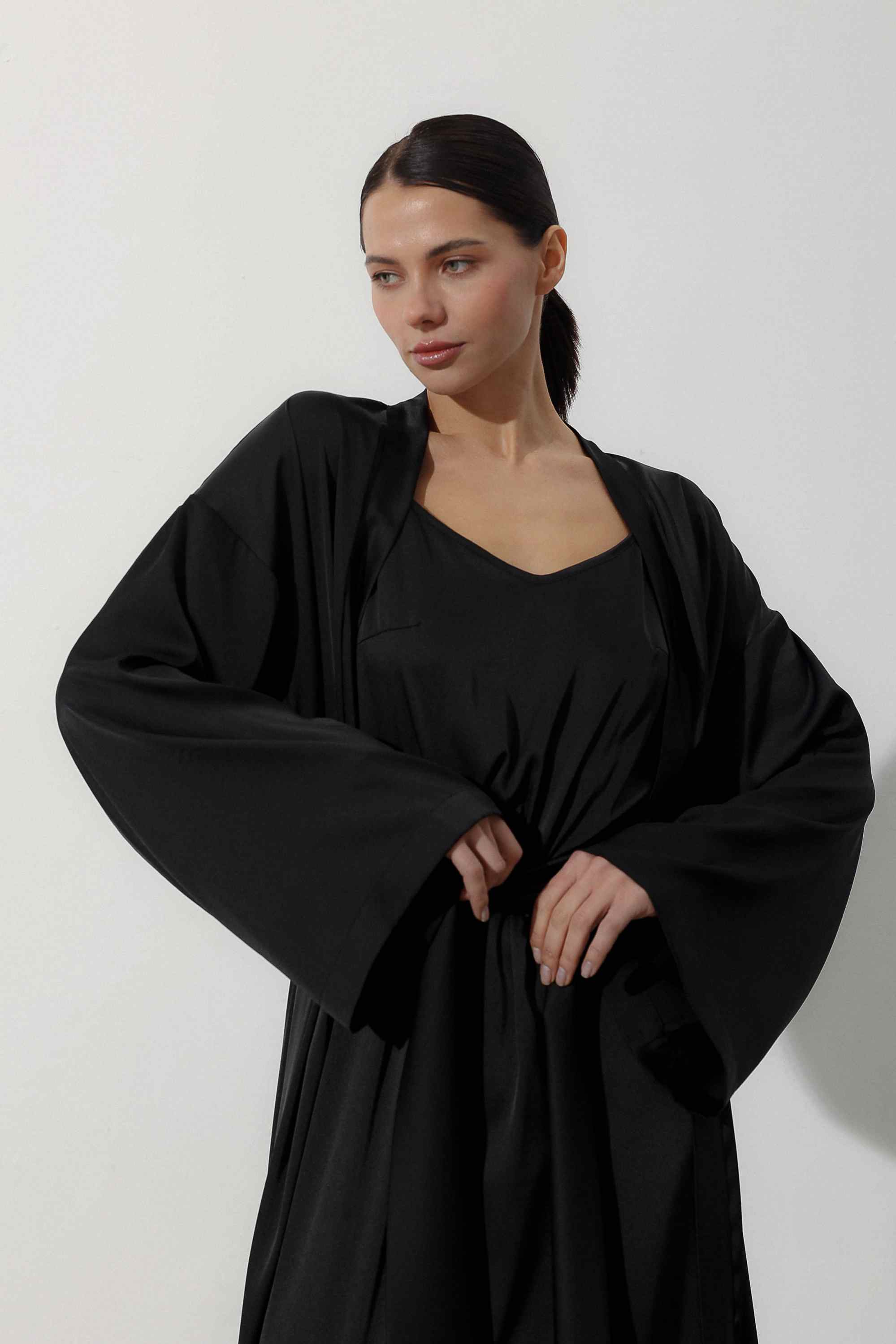 Luxurious Black Satin Kimono Robe | Sokayri