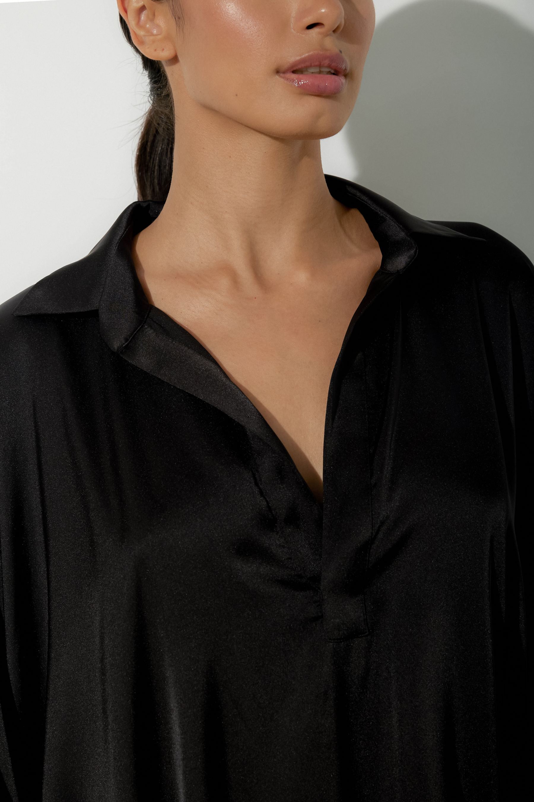 Luxurious Black Satin Shirt Dress | Sokayri