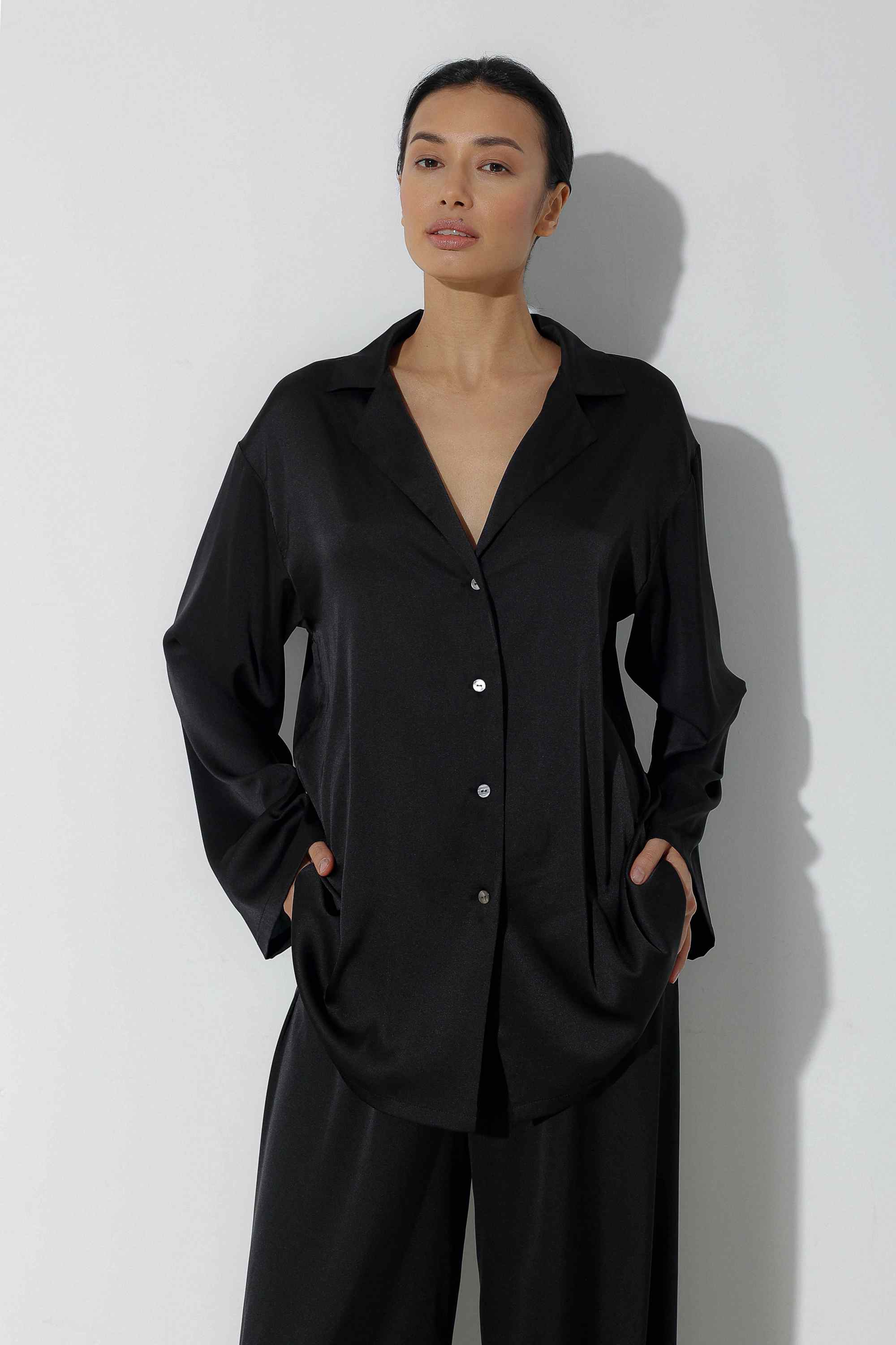 Sophisticated Black Satin Pajama Set | Sokayri