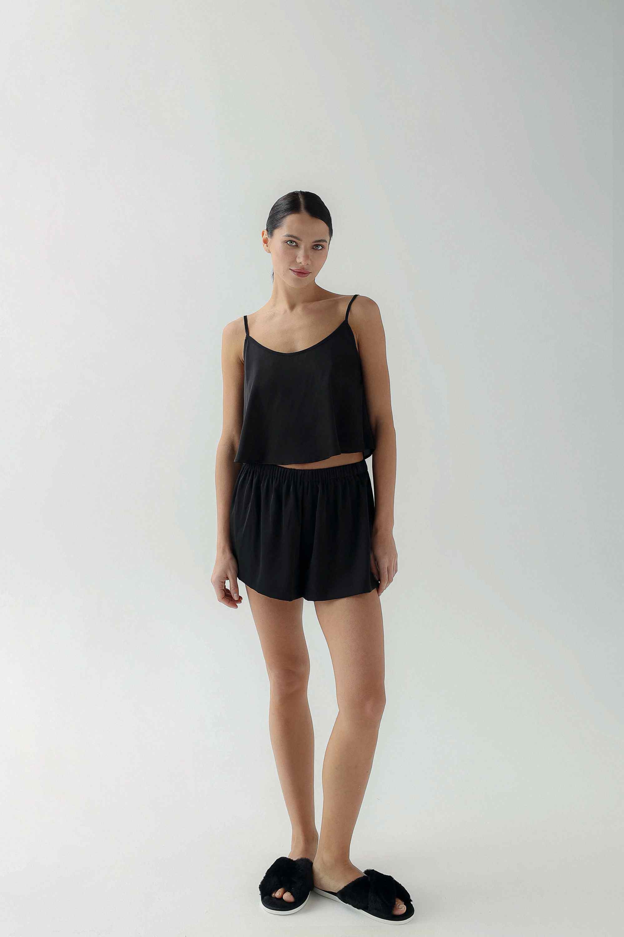 Black Silk Top and Shorts Set | Sokayri