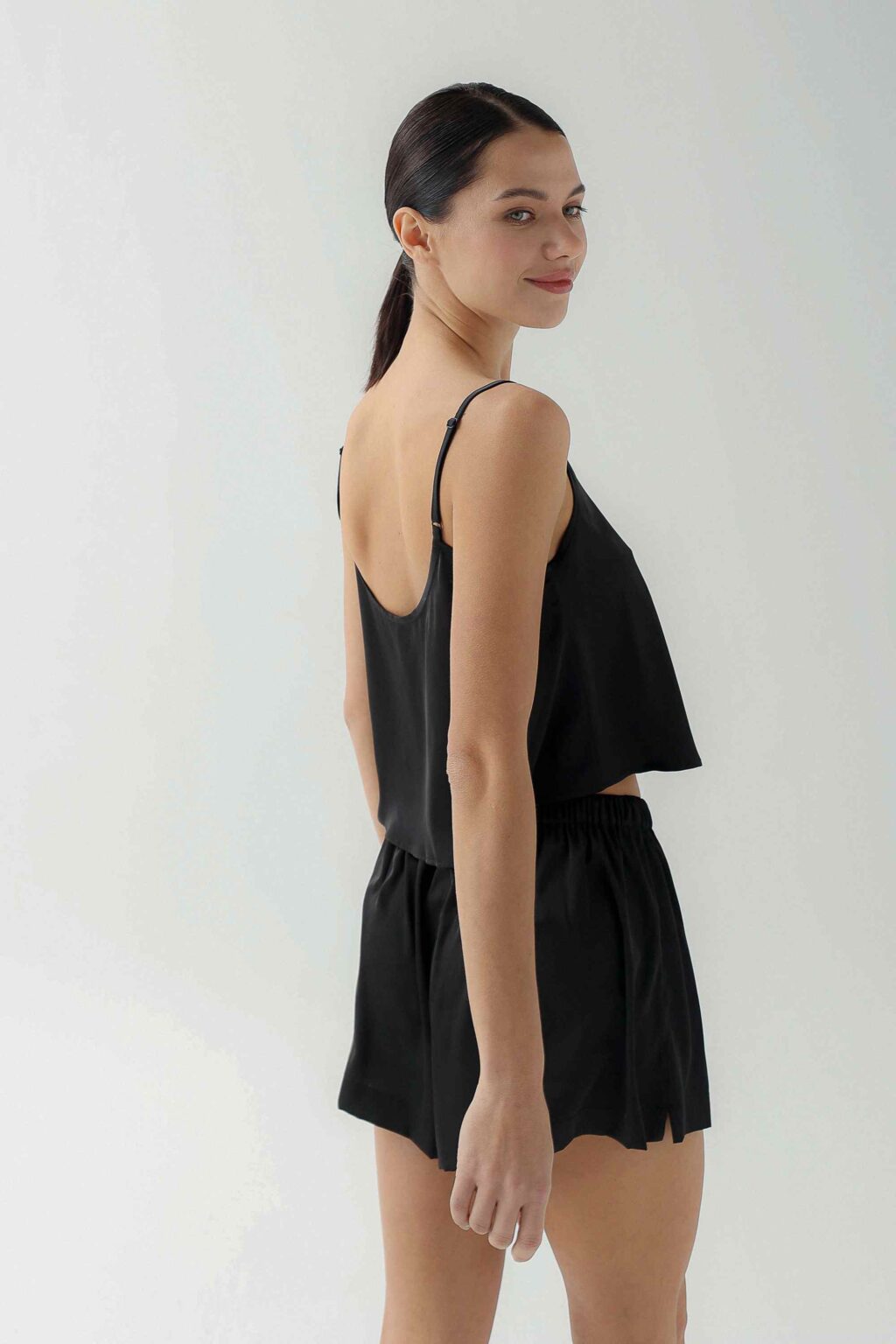 Black Silk Top and Shorts Set | Sokayri