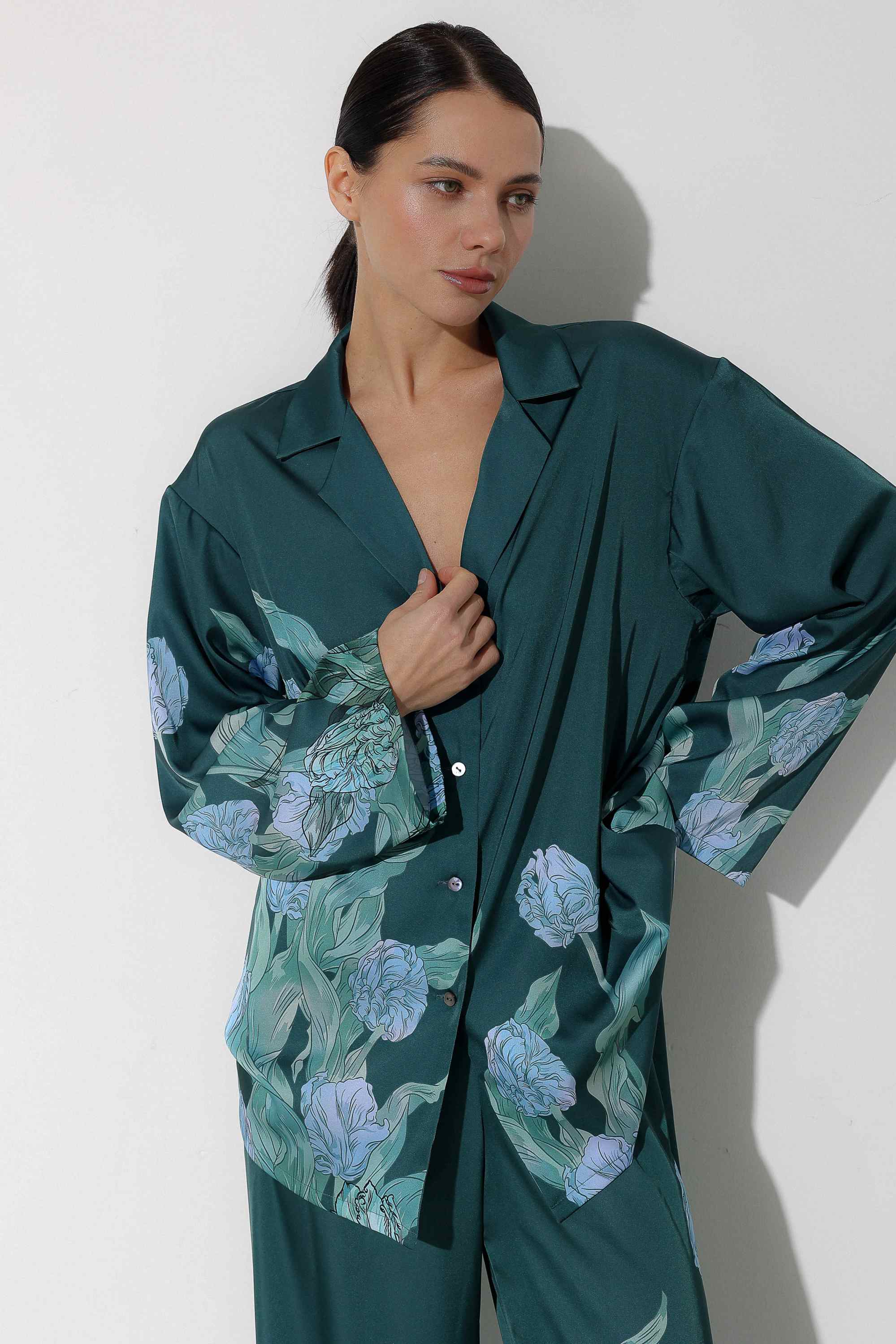 Dark Green Silk Pajama Set - Shirt and Pants | Sokayri